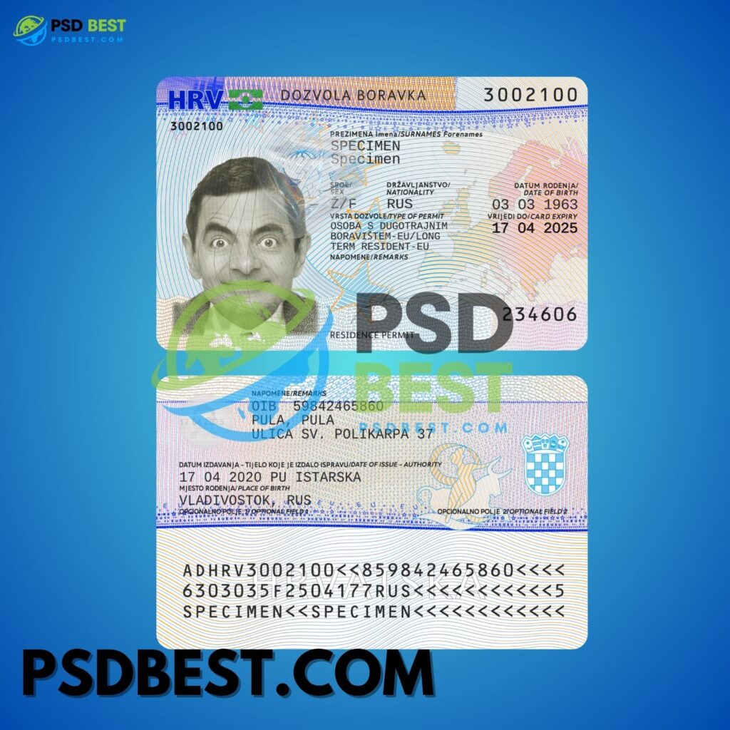 Croatia Fake Residence Permit Card Template In PSD Format - PSD BEST